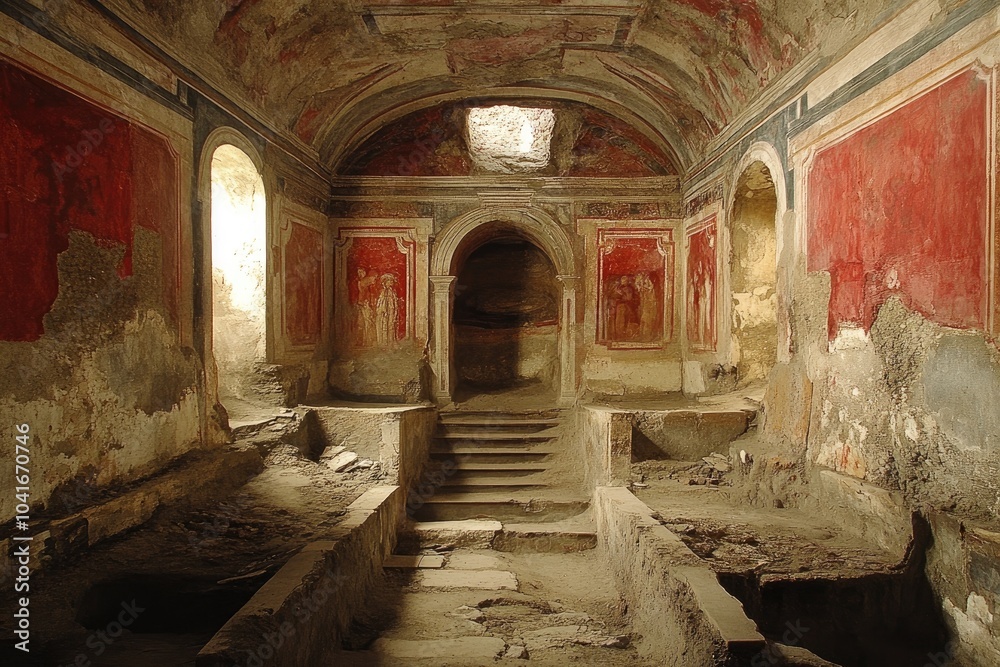 Sunlight entering ancient roman room with frescoes in pompeii Stock ...