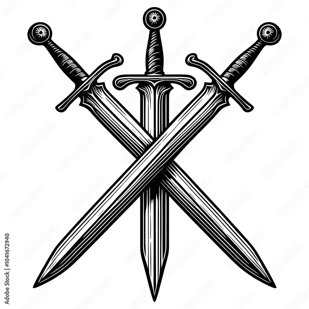 three crossed medieval swords in black and white, vintage engraving ...