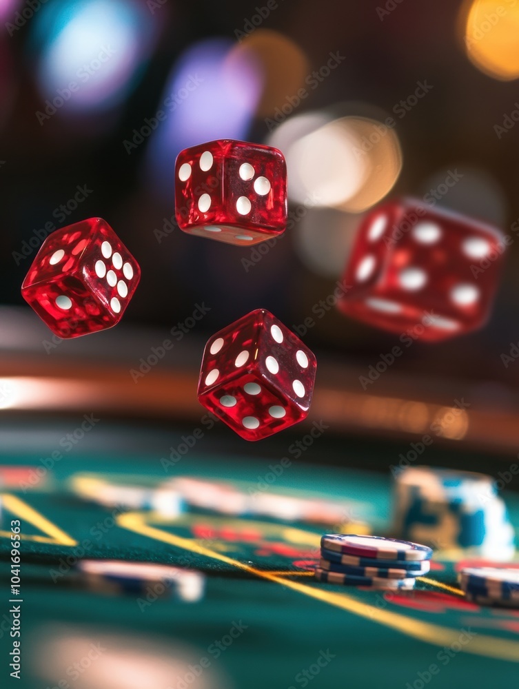 Red dice are flying over a craps table, creating excitement as chips ...