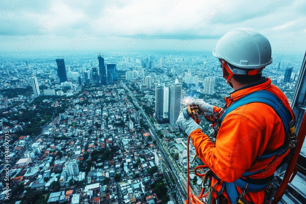 Fotografía A construction worker on a skyscraper, high above the city ...