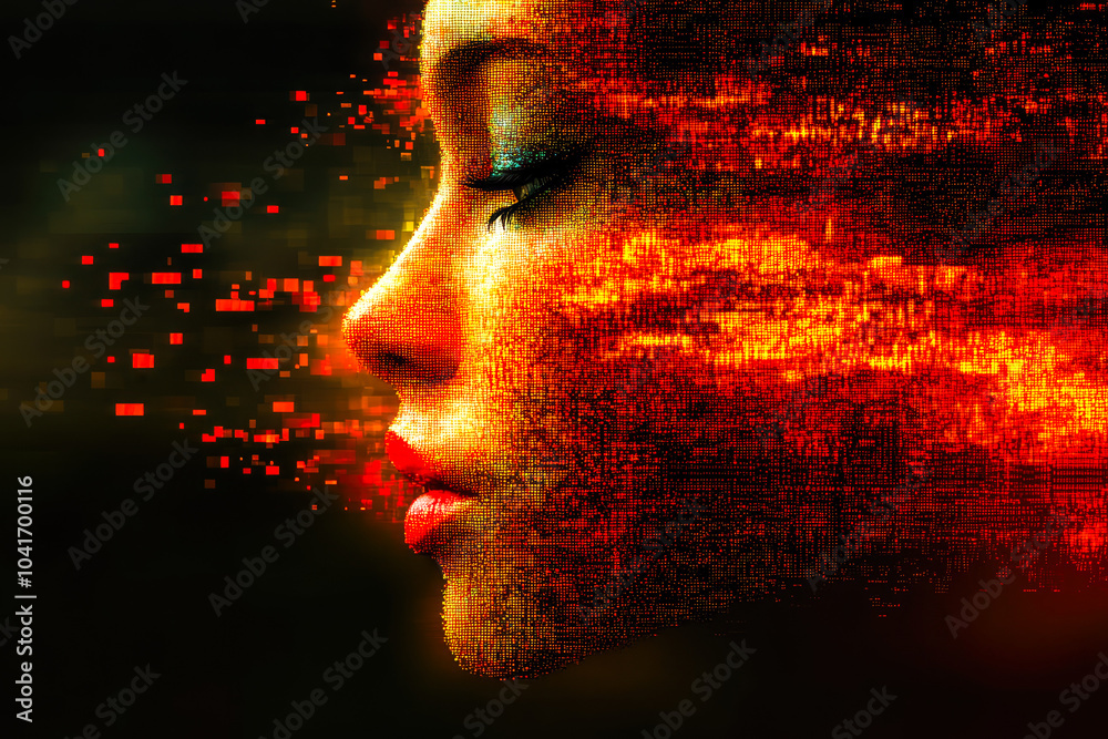A female profile dissolving into pixelated red and orange hues ...