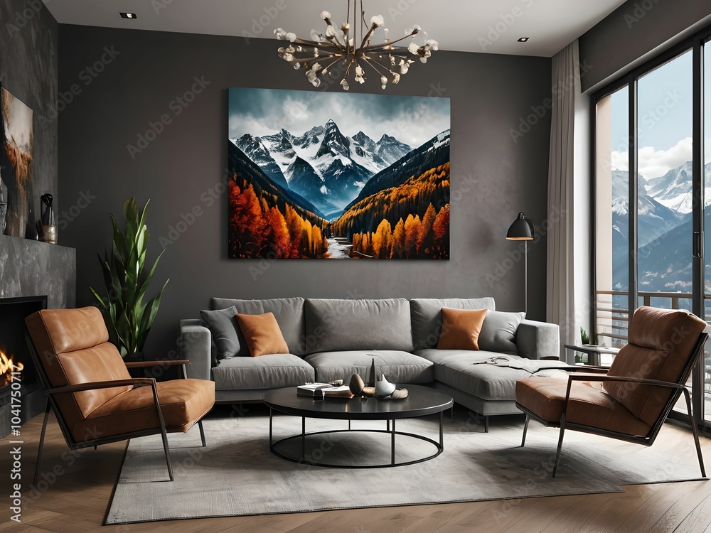 wallpaper representing a living room with a large realistic photo of a ...