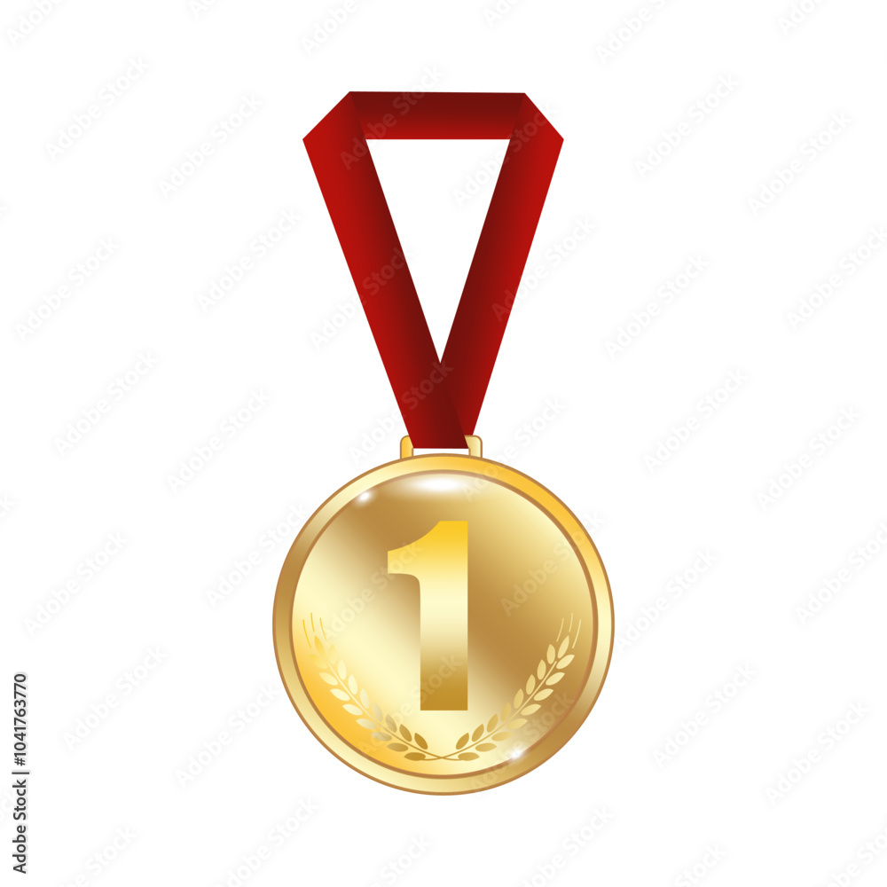 Gold medal icon. Number one symbol. Red ribbon award. Victory ...