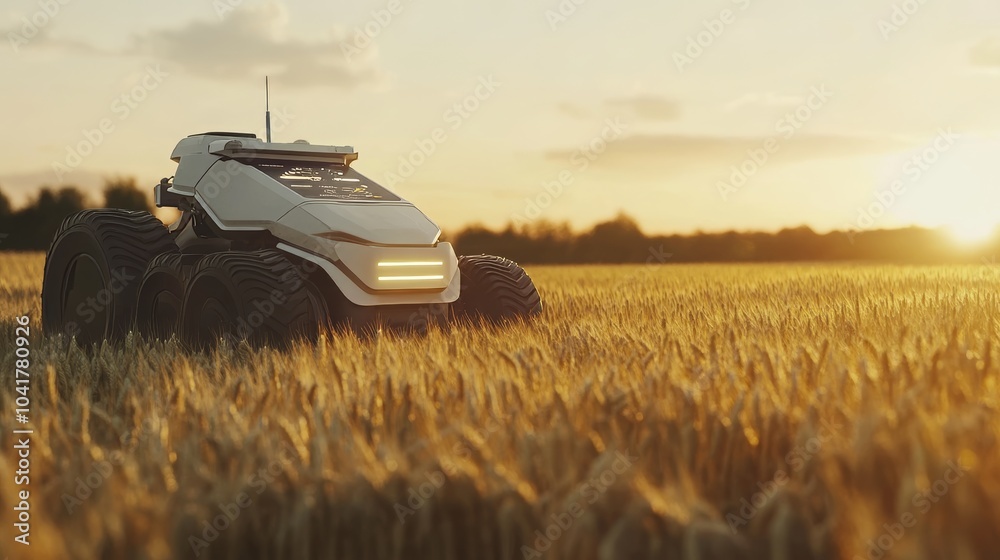 AI robot analyzing soil and plant quality in a barley field, showcasing ...