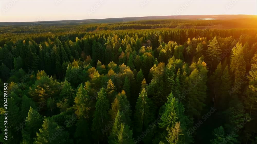 aerial view lush green coniferous forest sunset capturing breathtaking ...