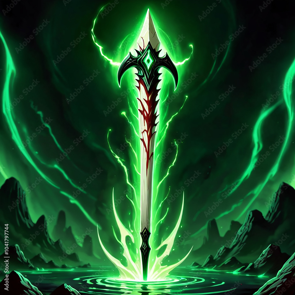 A glowing green sword with red accents stands upright in a dark fantasy ...