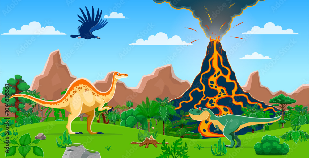 Prehistoric era dinosaurs and volcano landscape. Vector Jurassic time ...