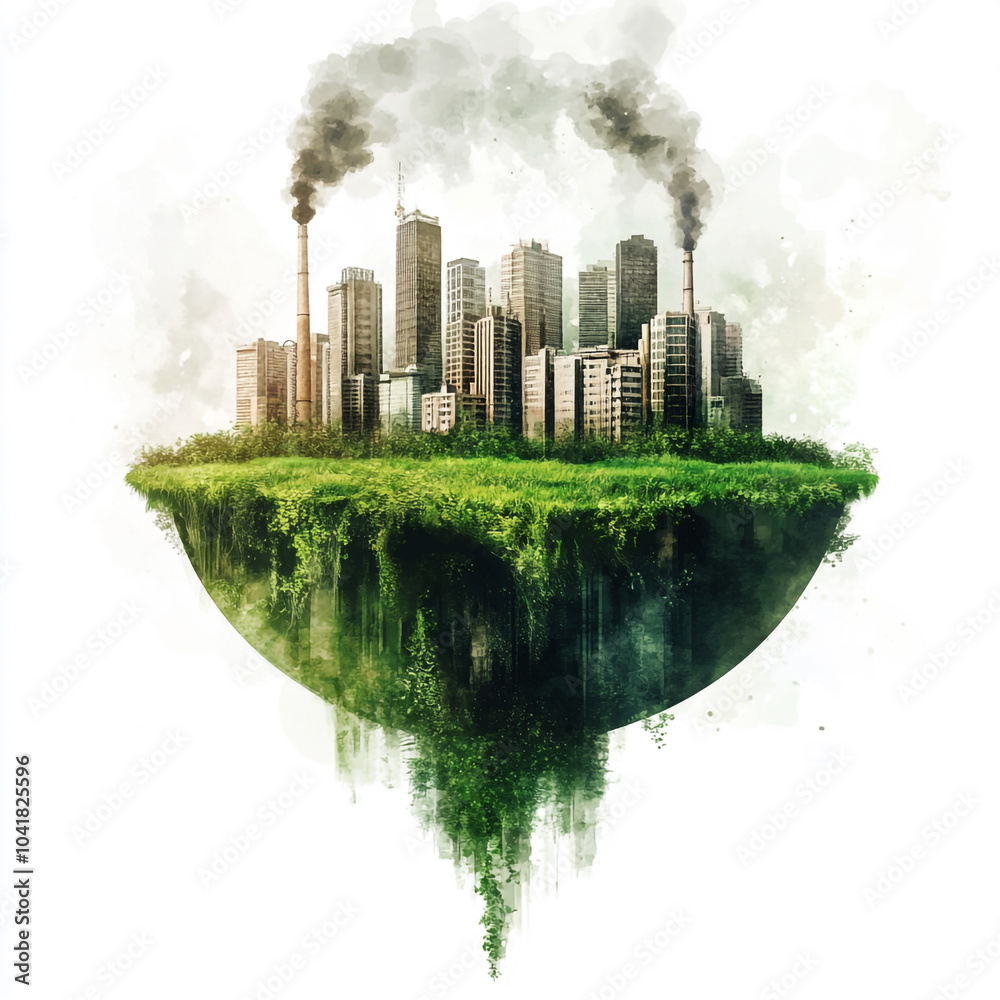 Floating Earth with green grass and city buildings, air pollution with ...