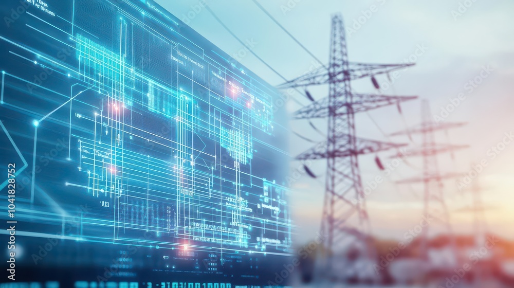 Power grid interface with live data on a large screen, front view ...