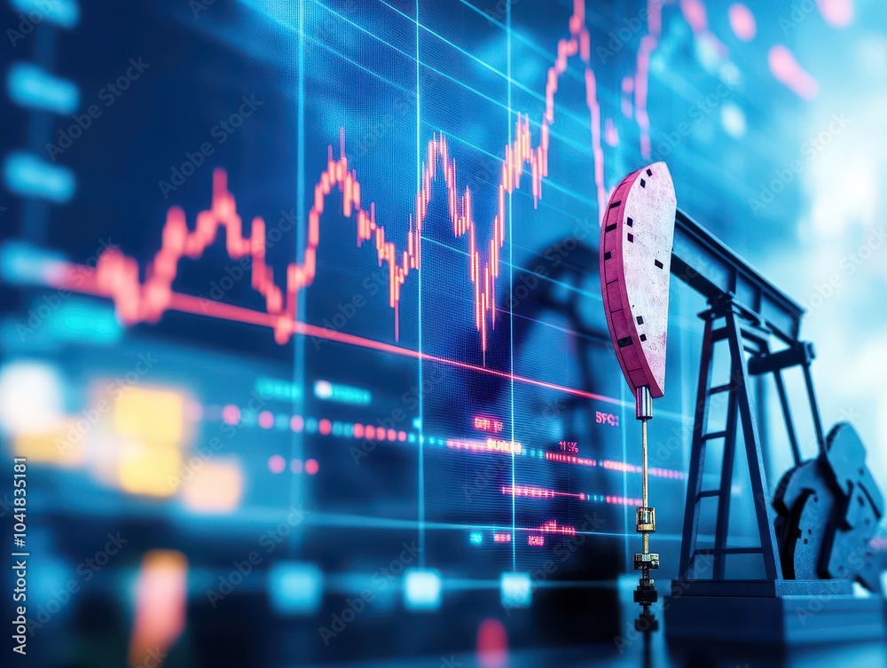 Crude oil price trends depicted with an oil pump jack and stock market ...