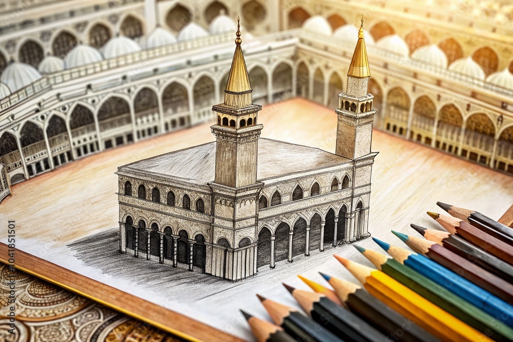 Elegant Hand-Drawn Line Art of the Kaaba in Makkah - Islamic Fashion ...