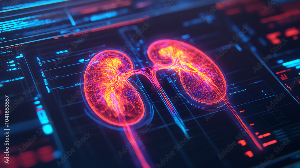 Digital illustration of human kidneys with glowing effects, showcasing ...