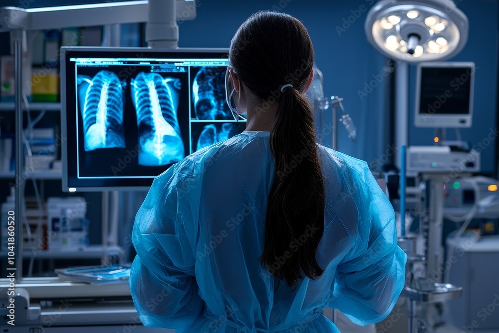 This stock photo shows a woman looking at a computer screen with a ...