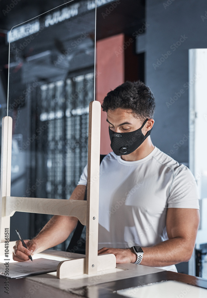 Man, filling and paperwork at reception for gym registration, face mask ...