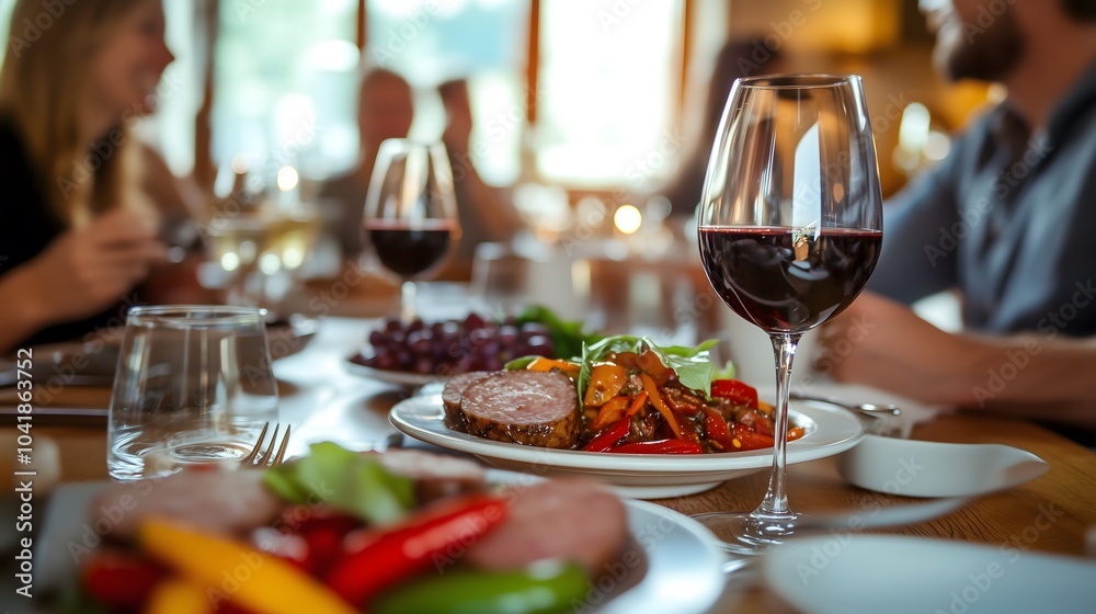 Family dinner unfolds around wine-filled table at cozy restaurant ...