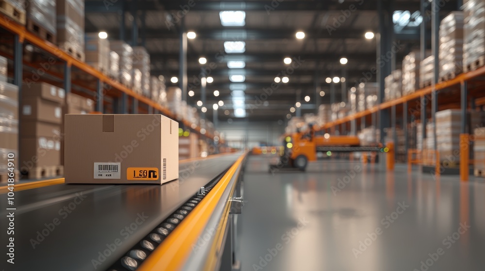 Modern Warehouse with Stacked Boxes and Industrial Shelves, Focus on a ...