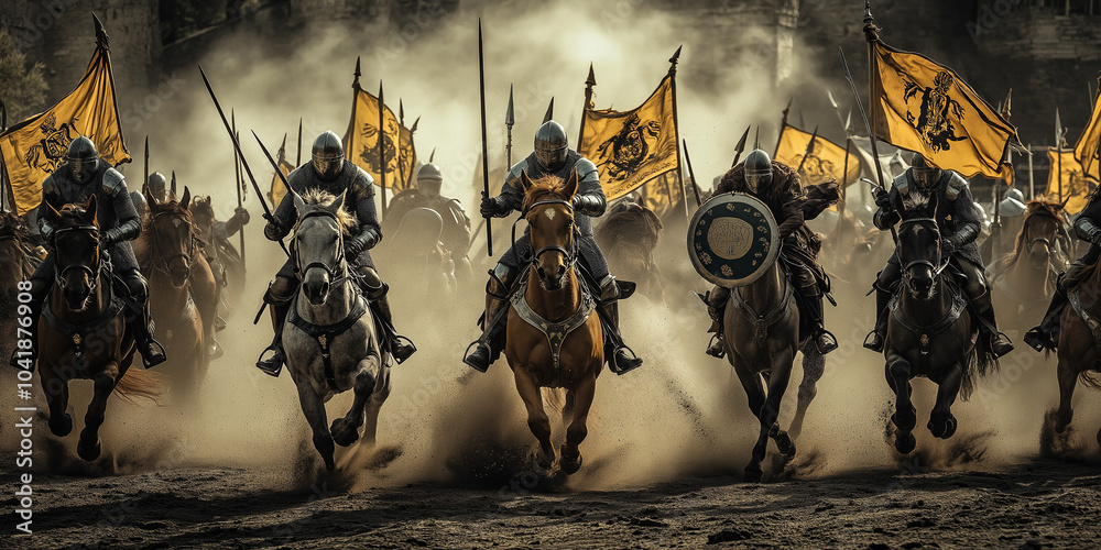 A fierce medieval knight stands victorious on the battlefield, his ...