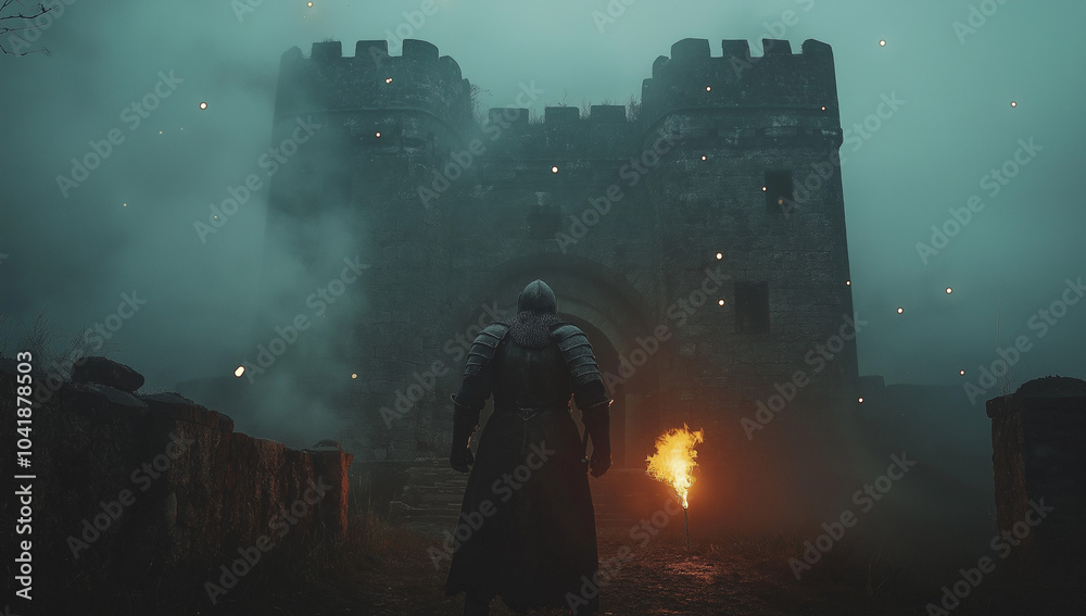 In the midst of a dense forest, a medieval knight waits patiently for ...