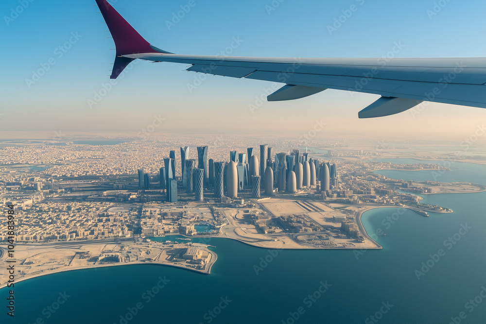 Flying over the capital of Qatar, Doha’s sophisticated skyline unfolds ...