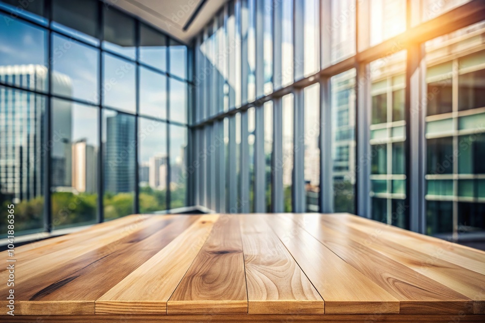 wooden table top and blurred glass window building facade from a tilted ...