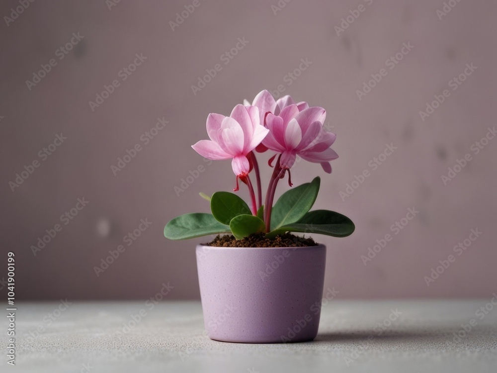 A soft pink cyclamen plant in a simple pastel pot. Its petals curve ...