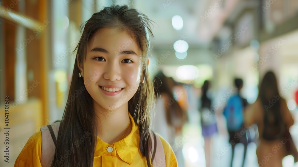 Asian Pupil with Backpack Stands as Confident Student Along School ...