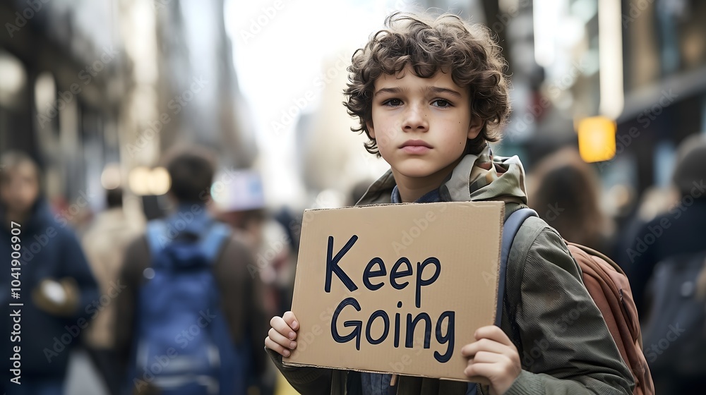 "Keep Going" Shines from Child's Handwritten Sign as Boy Holds Text ...