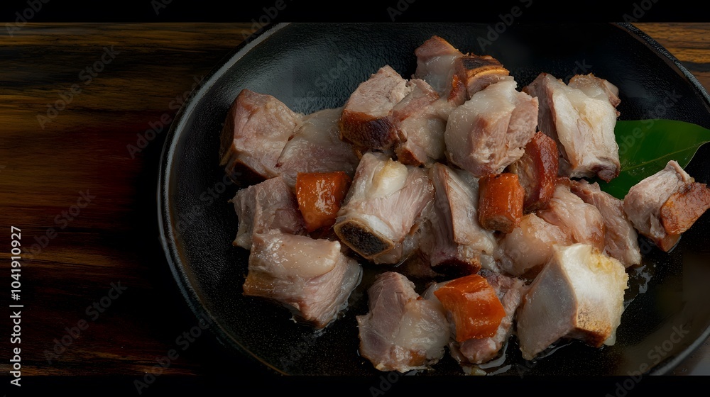 A serving of Filipino lechon with crispy skin, placed on a dark-toned ...