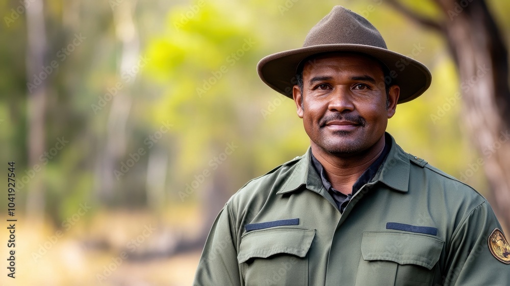 An experienced Indigenous male park ranger stands confidently in a ...