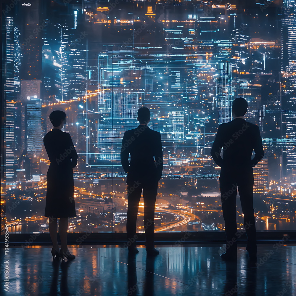 Exploring the future business leaders gazing at a futuristic cityscape ...