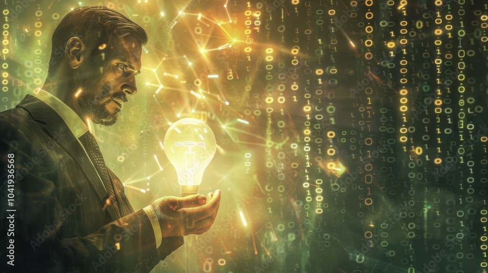Innovative Tech Concepts: Businessman Holding Light Bulb with Flowing ...