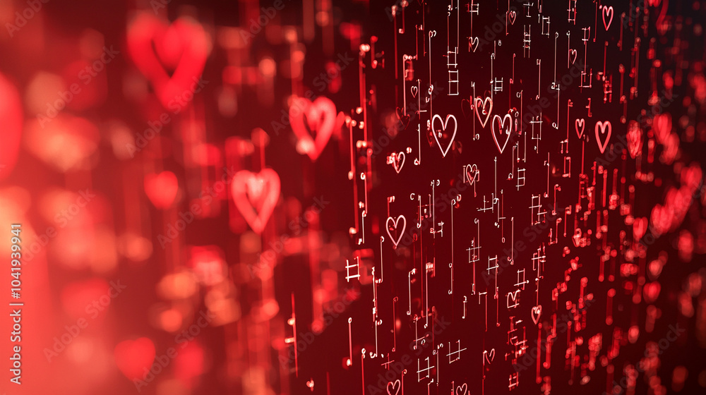 Floating music notes and heart symbols on a red digital background ...