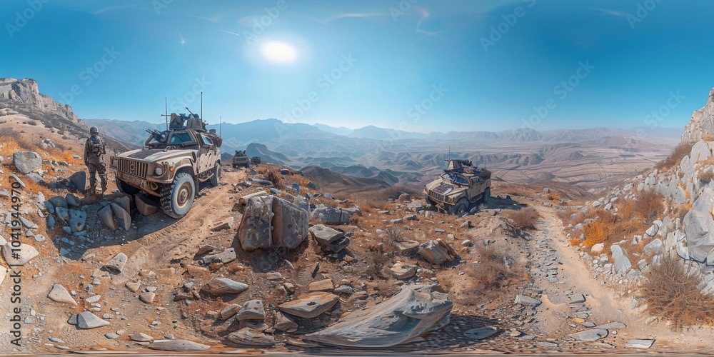 An immersive 360-degree panorama of a military outpost, with soldiers ...