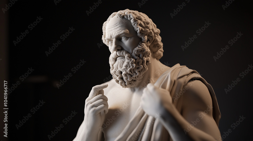 A highly detailed sculpture of Socrates with deep, contemplative eyes ...