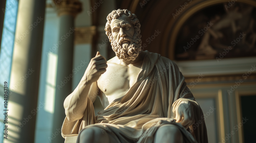 A lifelike sculpture of Socrates, his face marked by wisdom and age ...