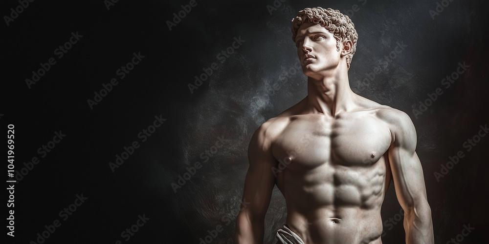 The classic features of a Roman male statue, with a stoic expression ...
