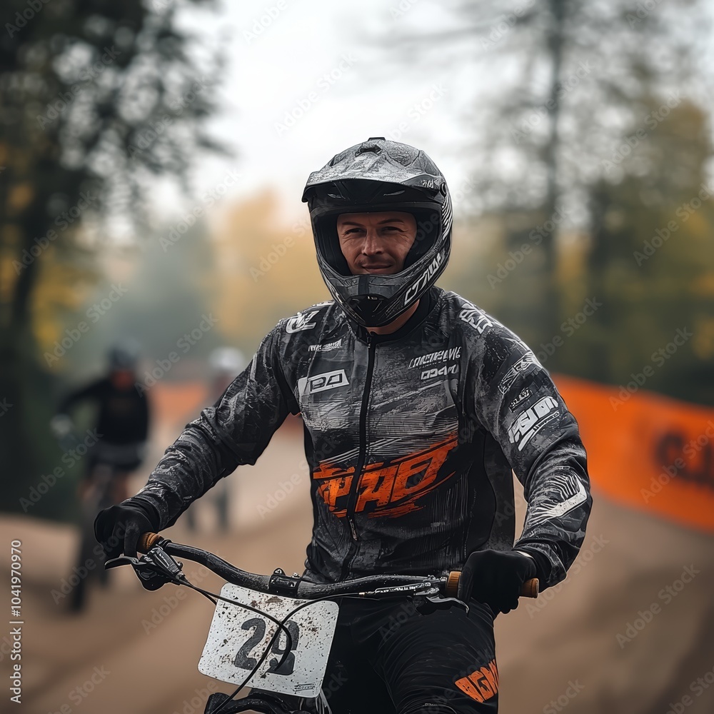 Male BMX rider in racing gear smiles while biking in a foggy outdoor ...
