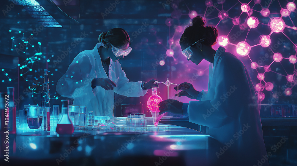 Scientists in a futuristic lab, collaborating with AI-driven robots to analyze complex data ...