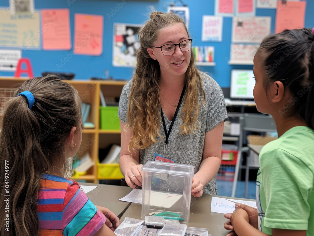 Teacher using specialized learning materials to guide students with ...