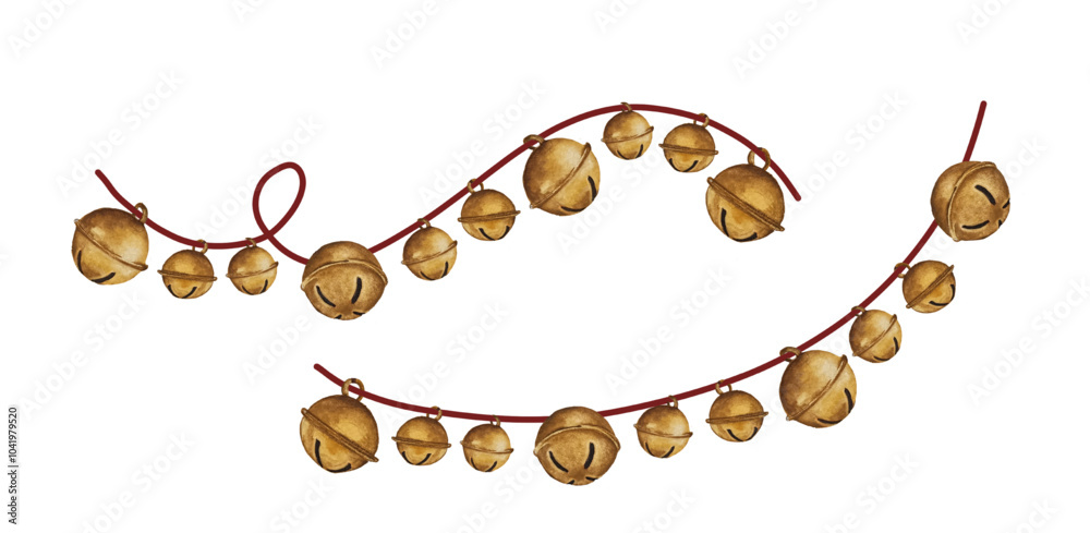 Watercolor golgen jingle bells garland on the rope. Christmas holiday ...