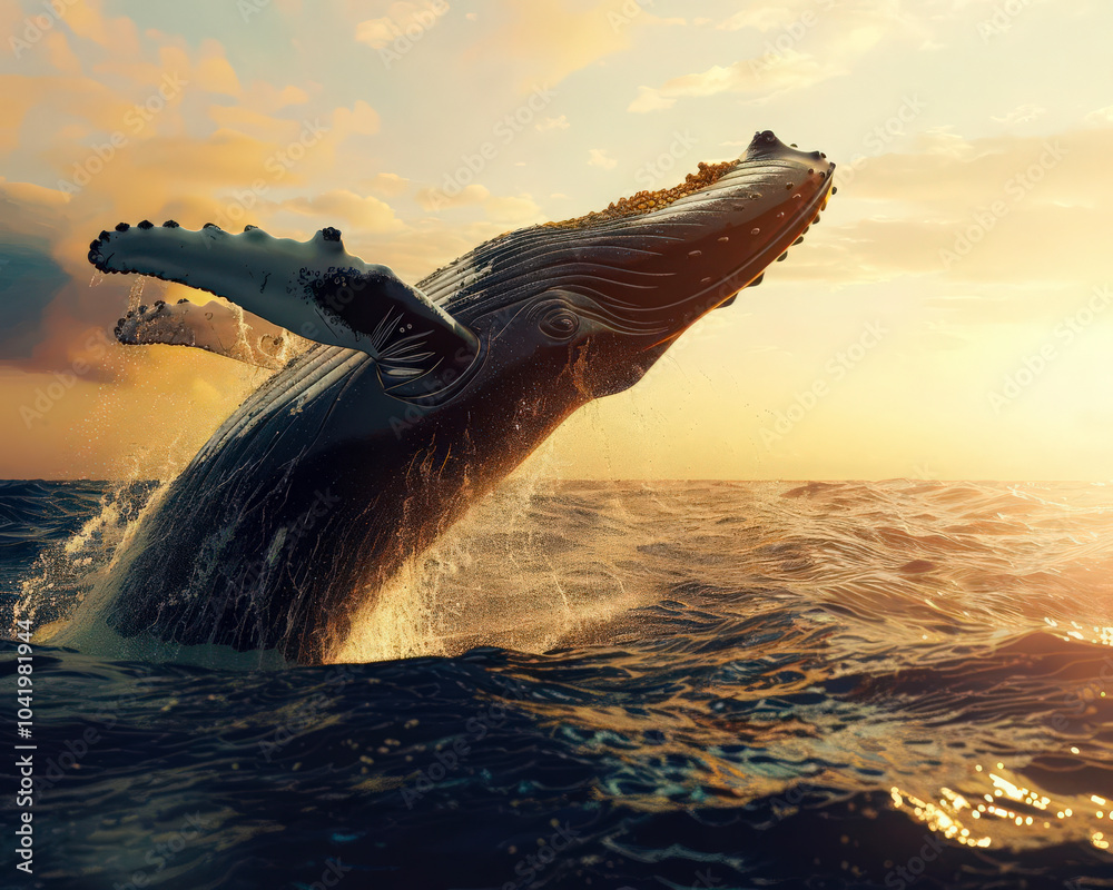 A majestic humpback whale breaching the ocean surface, sunlight ...