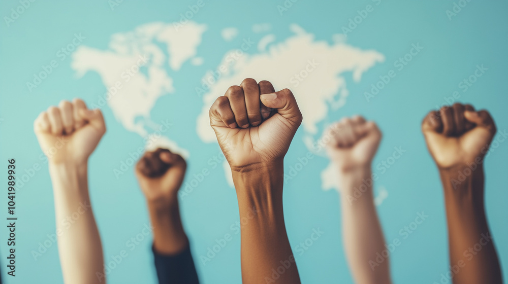 Hands of people rising up in the air and fighting for their rights ...