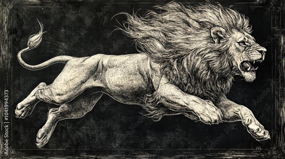 lion in a powerful pouncing position, with a flowing mane, drawn in an ...