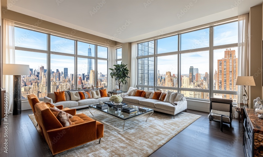 Modern Living Room Design with Floor to Ceiling Windows and City View ...