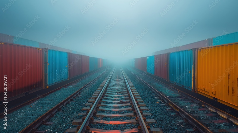 Endless rows of shipping containers on rail tracks in foggy landscape ...