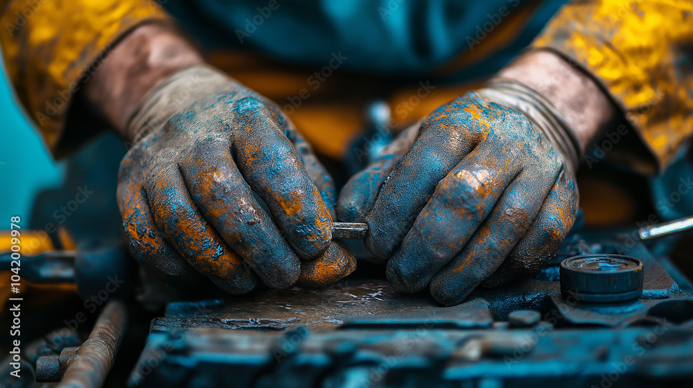 Weathered hands working on an engine, grease and tools in focus Stock ...