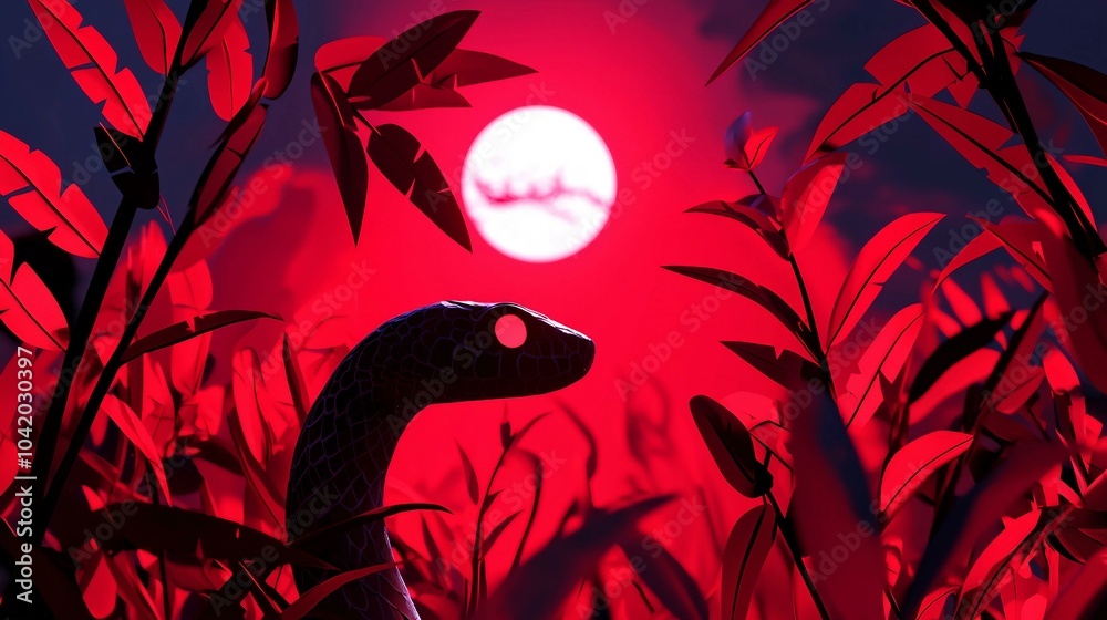 Ethereal Night: A Mythical Snake Under a Red Moon in an Enchanted ...