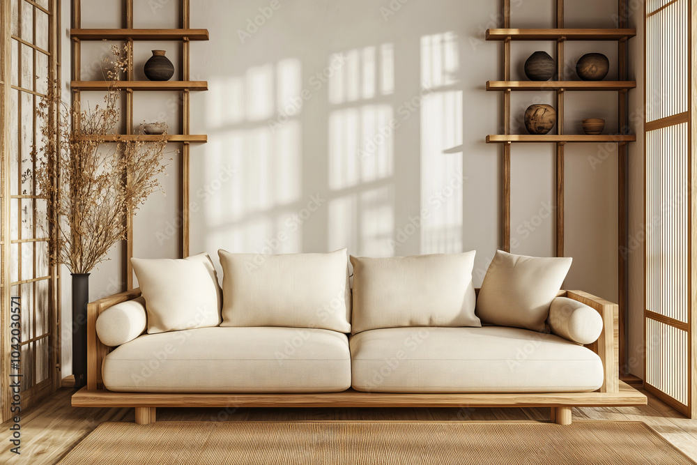 Japanese-inspired living room with a beige sofa, wooden frame, and ...