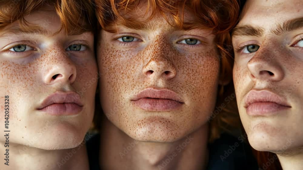 Three young men with freckles and red hair stand close together ...