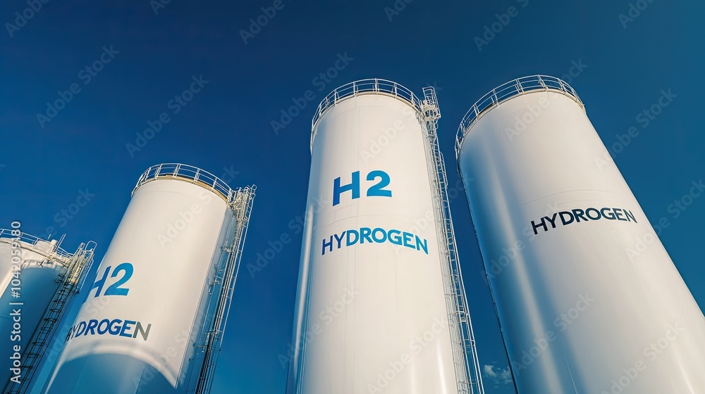 Hydrogen storage tanks with bold "H2" and "HYDROGEN" labels, displayed ...